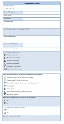 Sample Company Complaint Form Template in MS Word