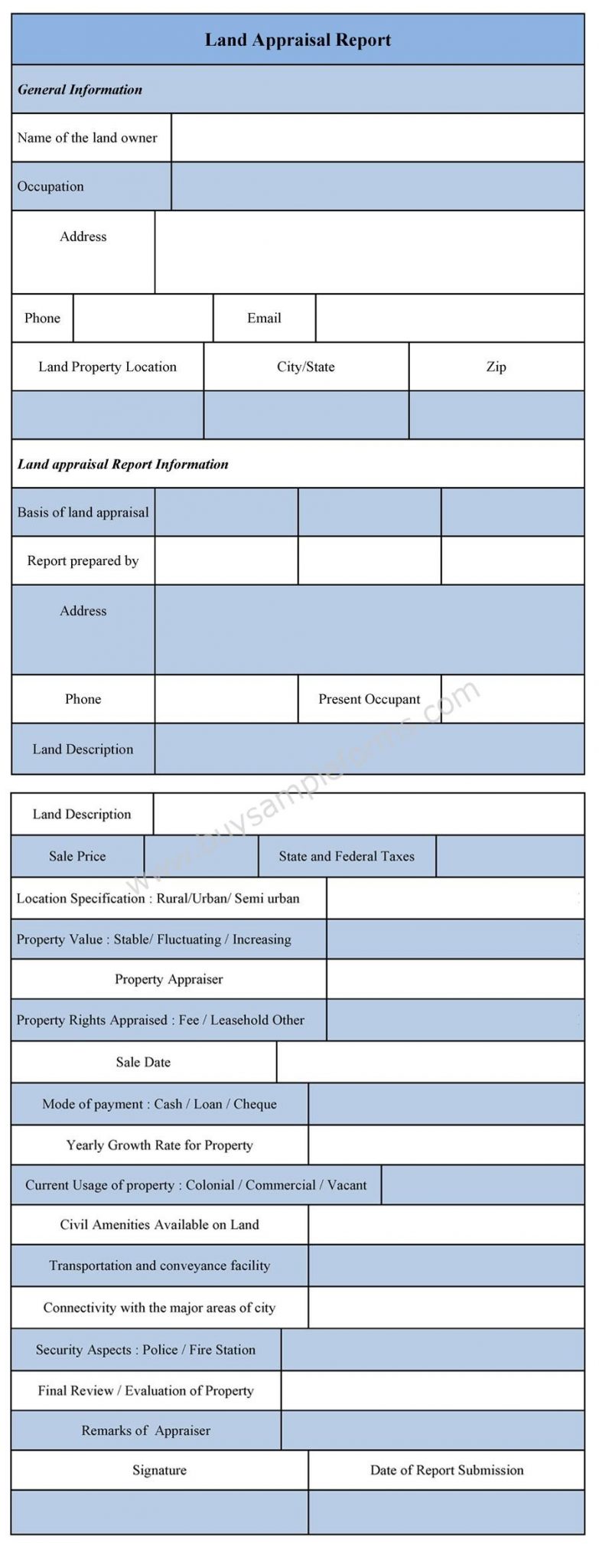 Sample Land Appraisal Report Form Sample Forms
