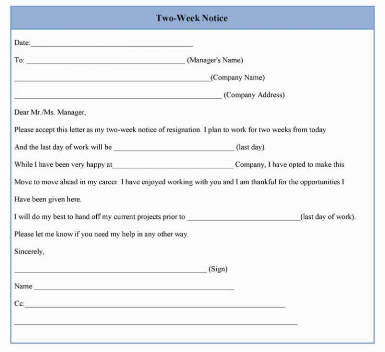 Two Week Notice Form Template in Word, Sample Format | Buy Sample Forms ...