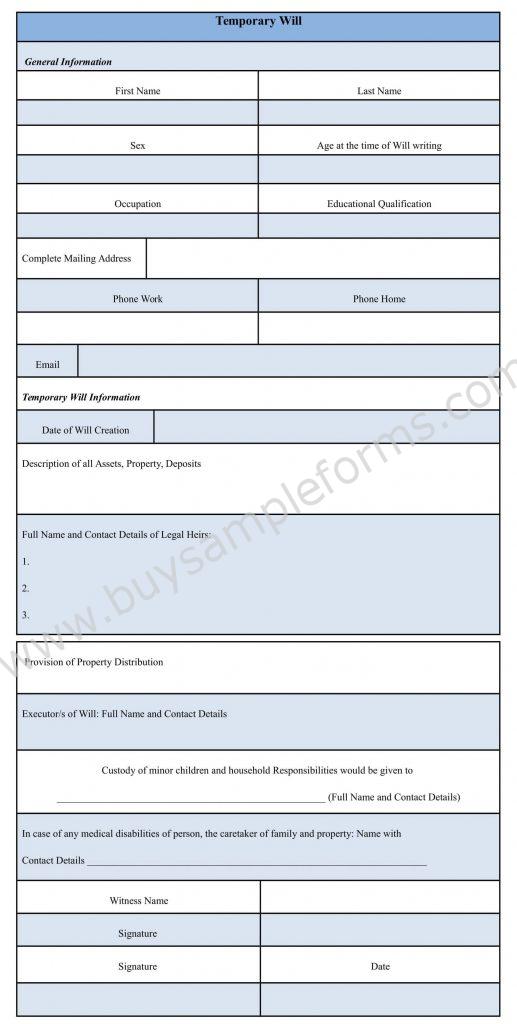 Temporary Will Form Sample Template | Buy Sample Forms Online