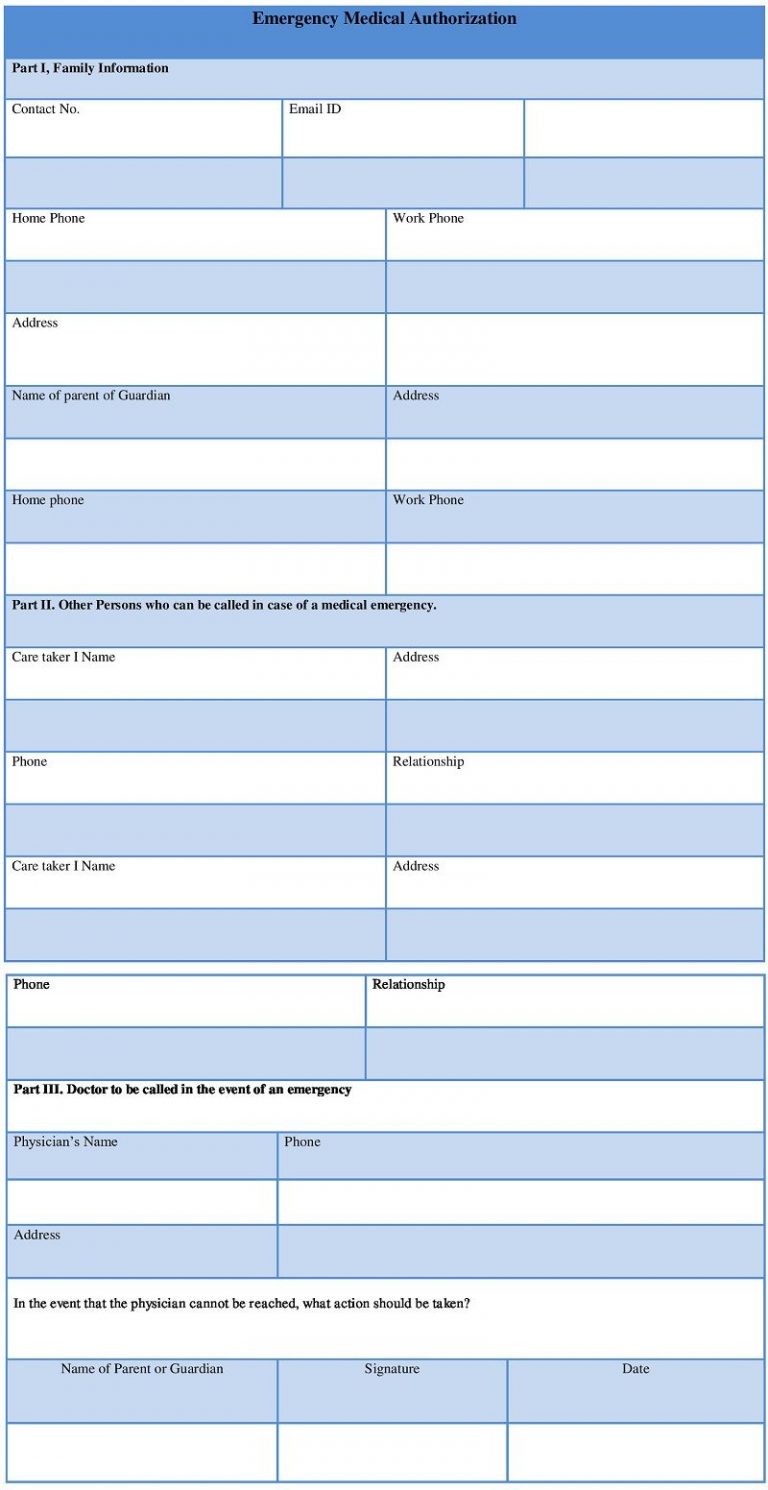 Emergency Medical Authorization Form Template - Sample Forms