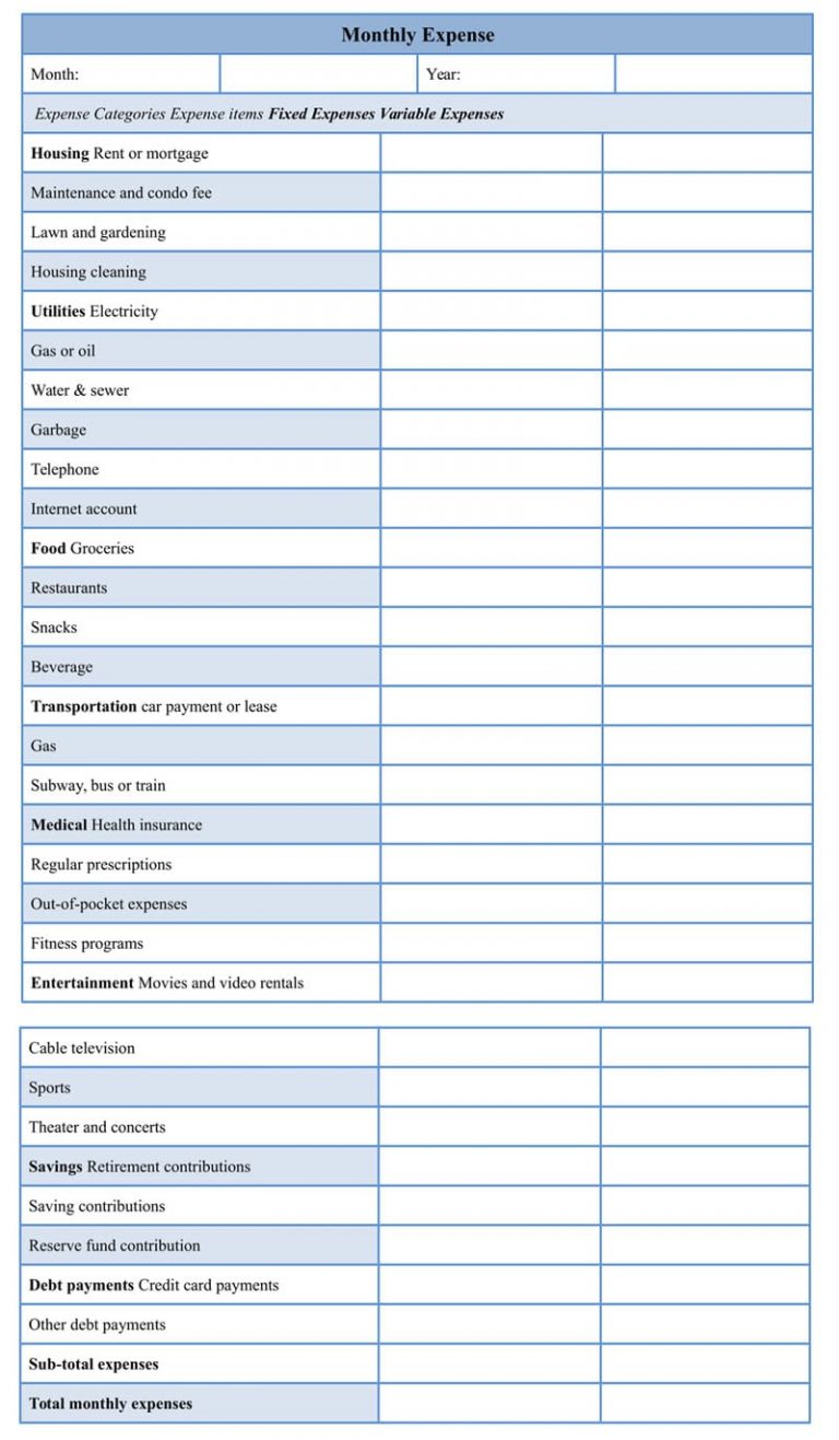 Monthly Expense Form | Monthly Budget Template Download
