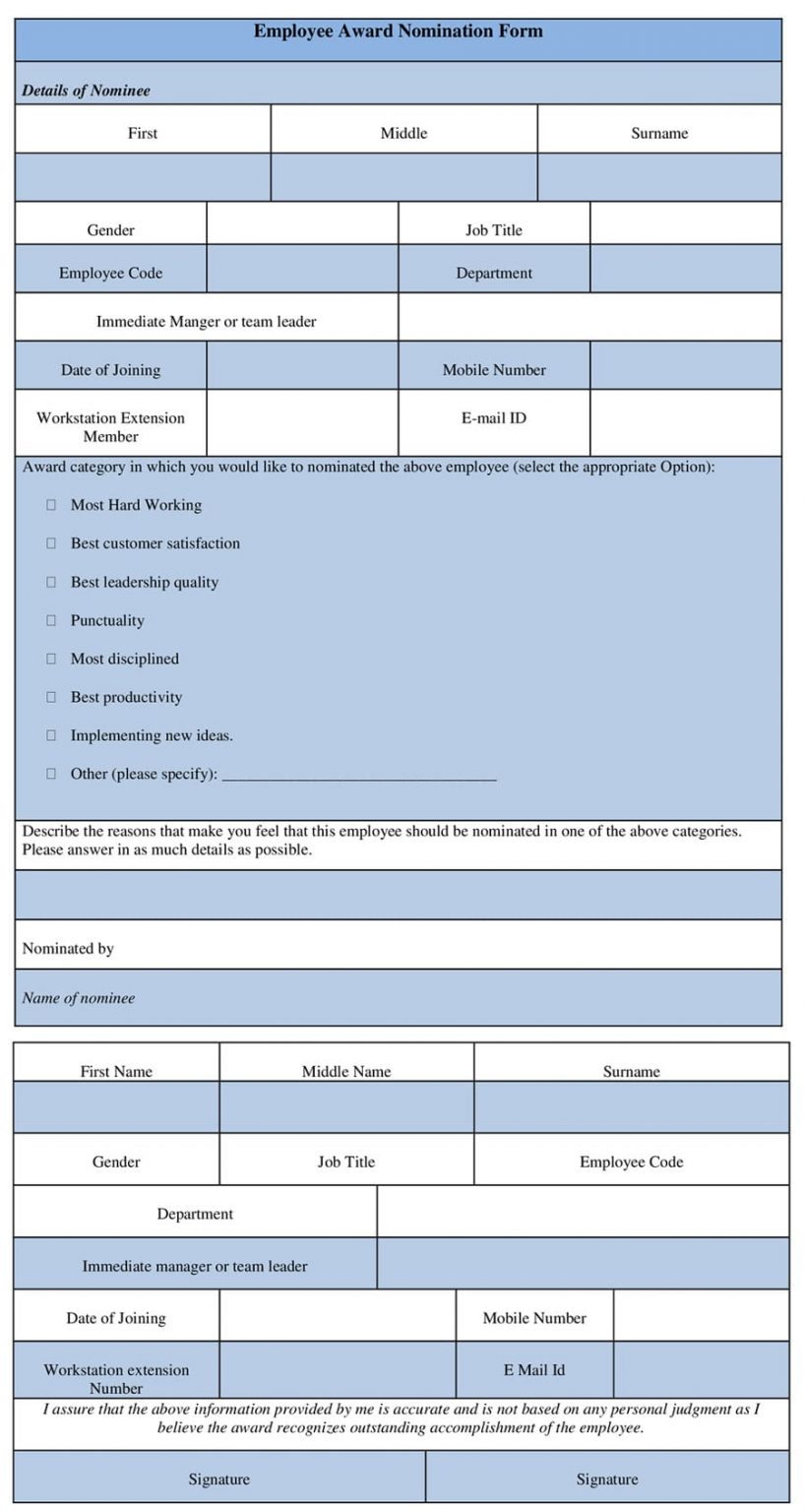 Employee Award Nomination Form Template in Word Format