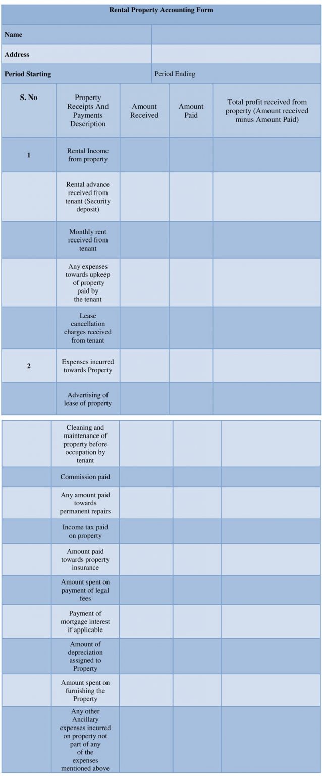 Simple Rental Property Accounting Form Template in Word Doc