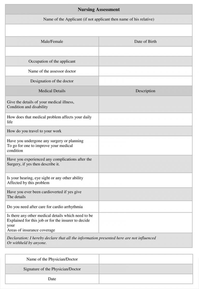 Printable Nursing Assessment Form Template, Example in Word