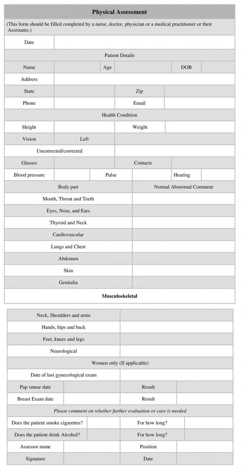 Printable Physical Assessment Form Word Template, Example