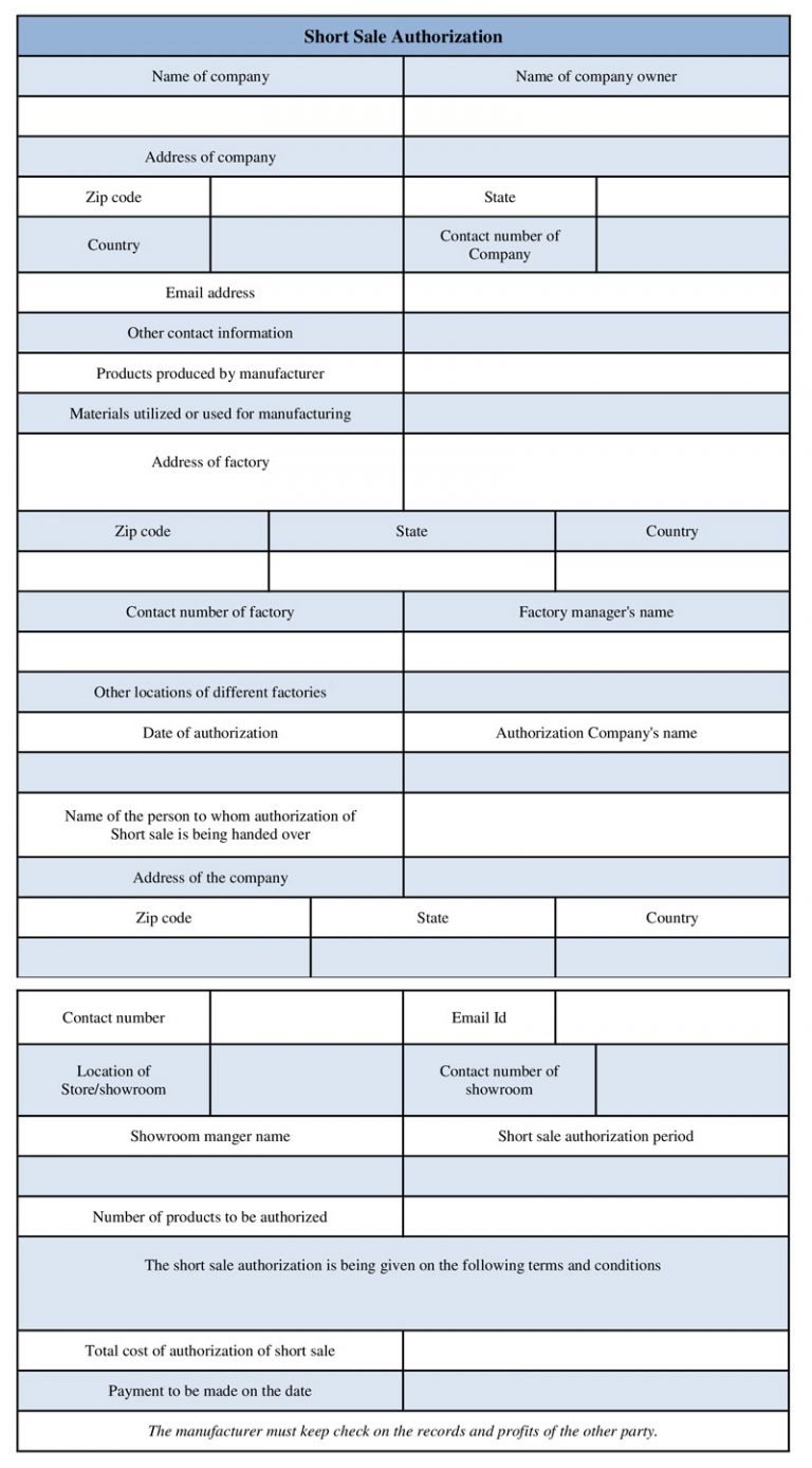 Short Sale Authorization Form Sample | Word Template
