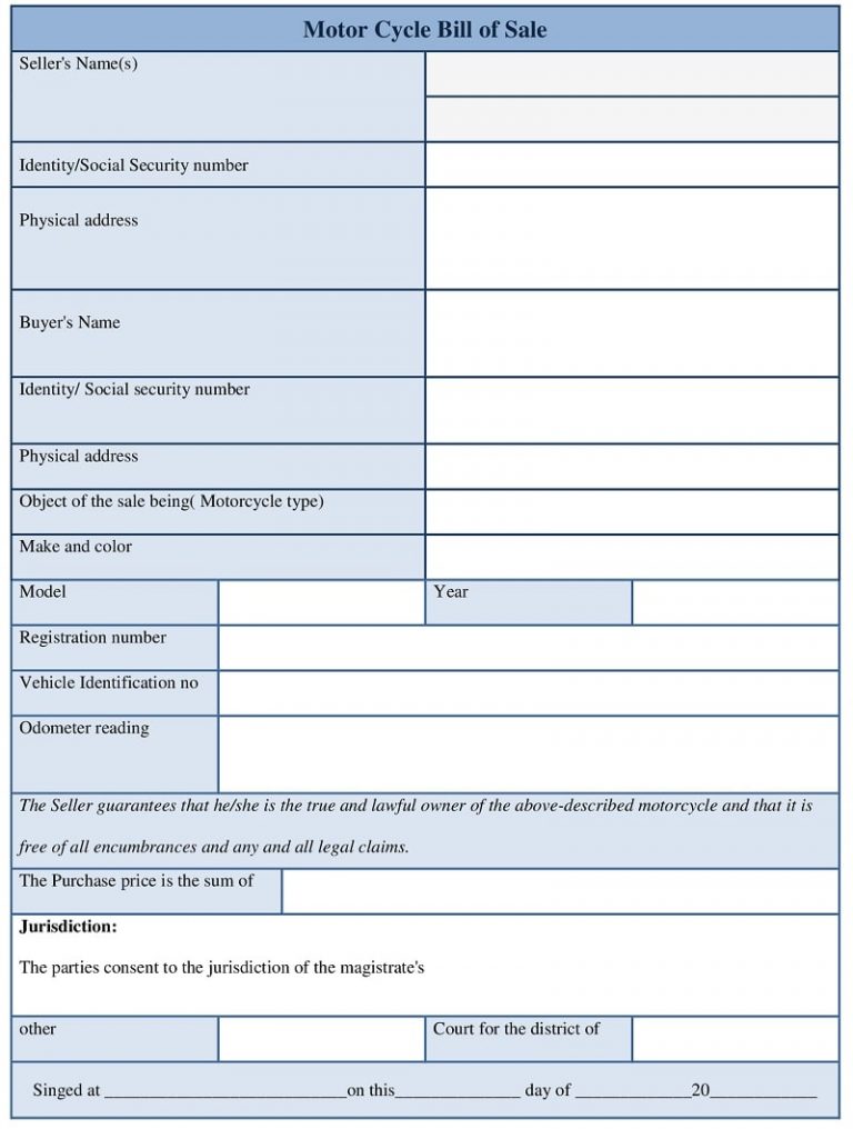 Printable Motorcycle Bill of Sale Form Template, Word Sample