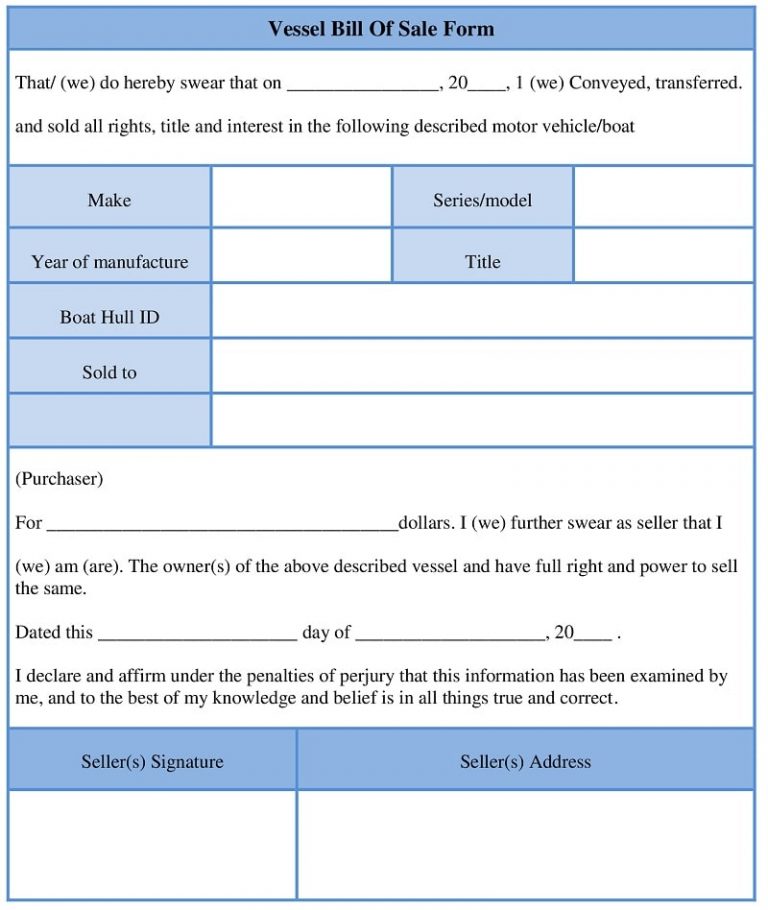 Printable Vessel Bill Of Sale Form Word Template 7630
