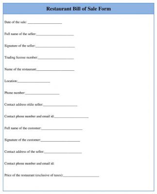 Bill of Sale Form | Download Template [Word] for Restaurant, Cafe