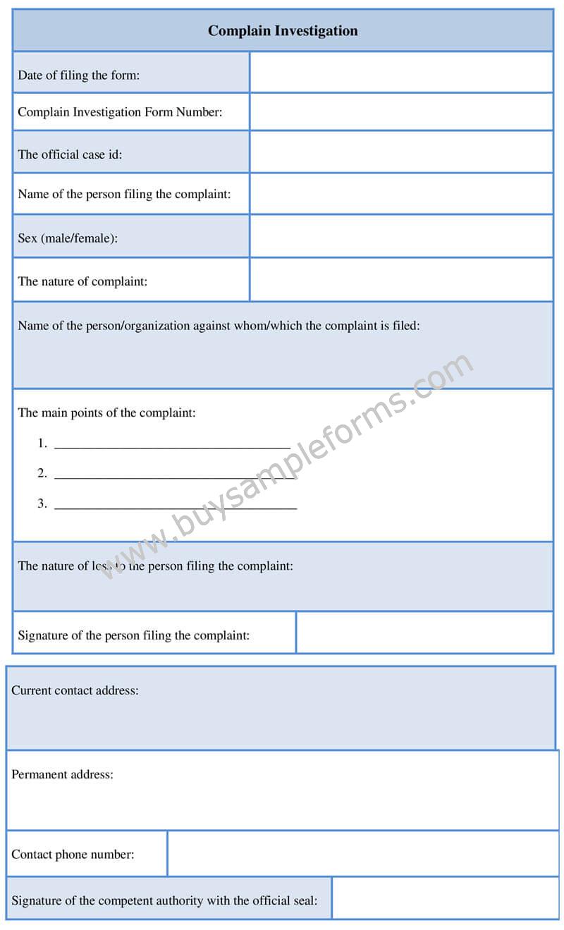 Sample Complaint Investigation Form Template Word Doc