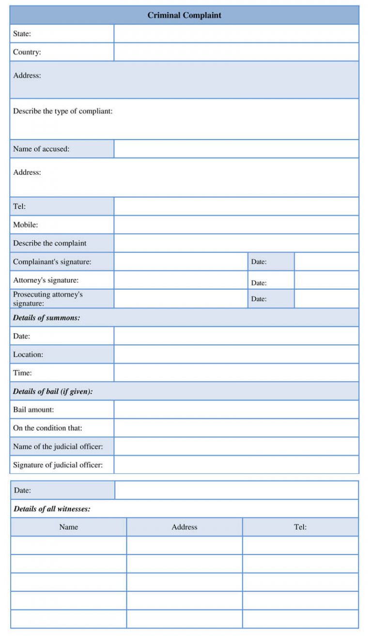 Sample Criminal Complaint Form | Download Word Template