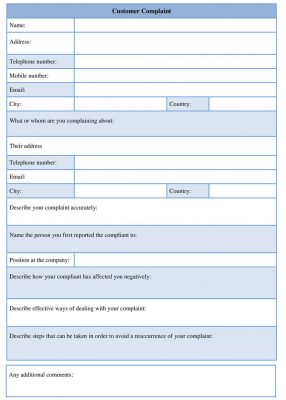 Printable Customer Complaint Form Online | Word Doc Template