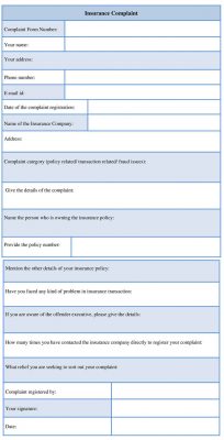 Sample Insurance Complaint Form Template | Word Format