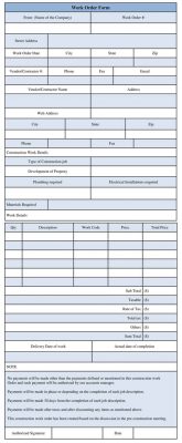Printable Construction Work Order Form Template | Format Doc