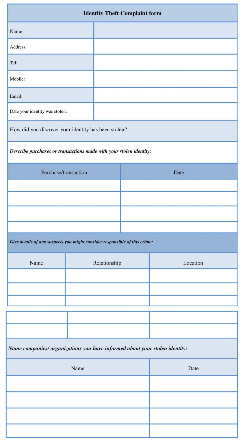Printable Identity Theft Complaint Form Template, Sample