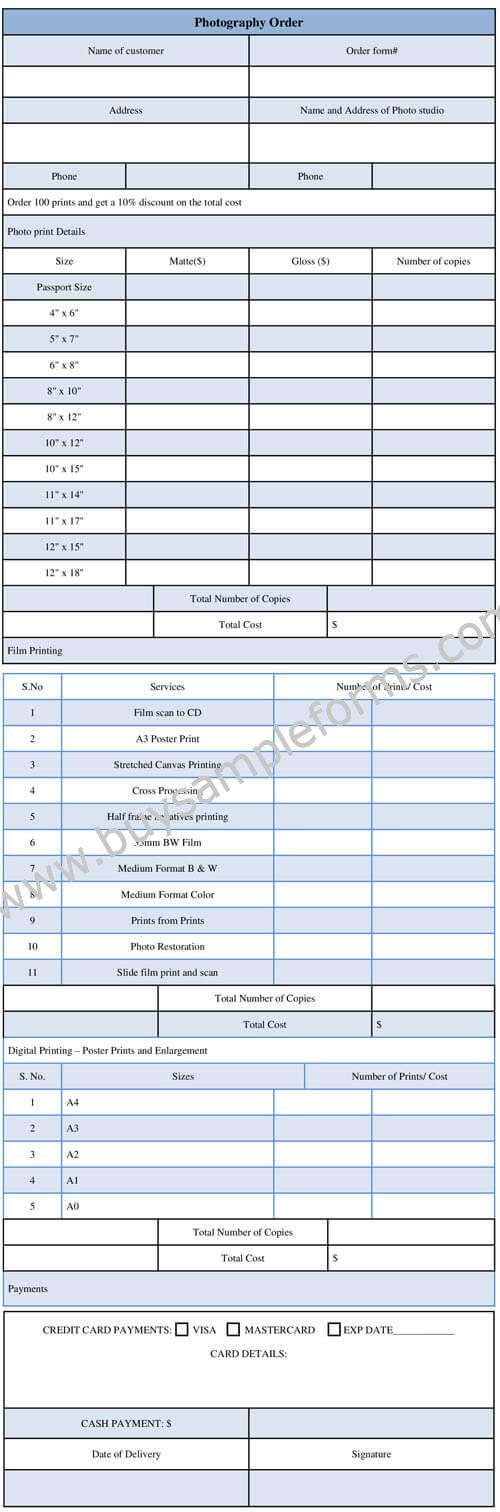 Photography Order Form Template Word - Online, Printable