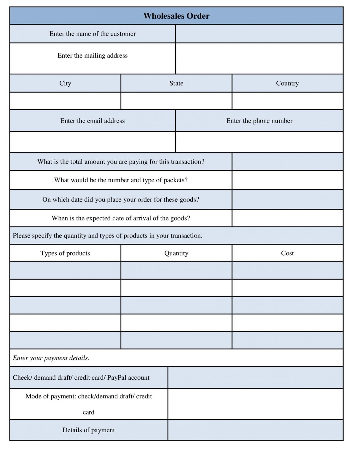 Wholesale Order Form Online Template - Order Word Format