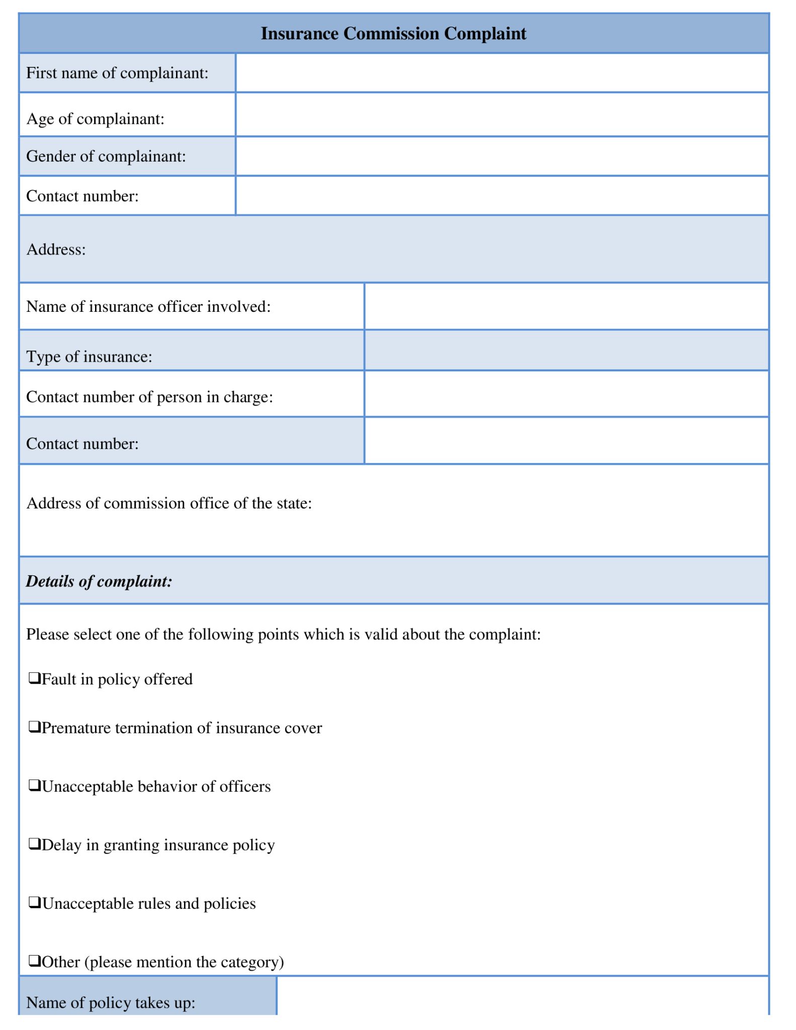 Insurance Commission Complaint Form Online - Word Template