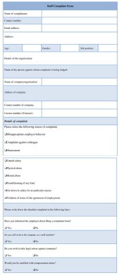 Printable Staff Complaint Form Template, Example