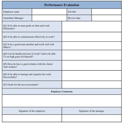 Employee Performance Evaluation Form Template, Sample