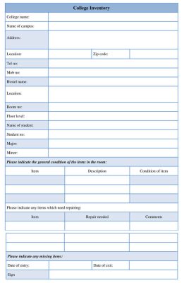 Printable College Inventory Form Template Word