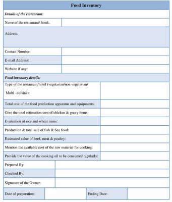 Printable Food Inventory Form Template | Download Word