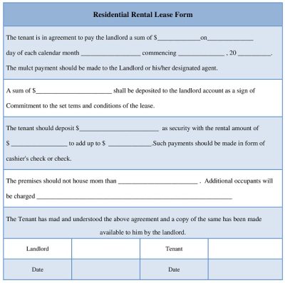 Residential Rental Lease Agreement Form Example, Template