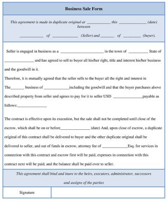 Business Sale Form Template for Microsoft Word Format