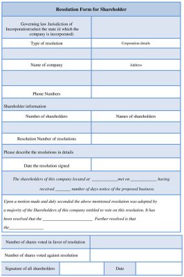 Blank Resolution Form for Shareholder Template Word Format